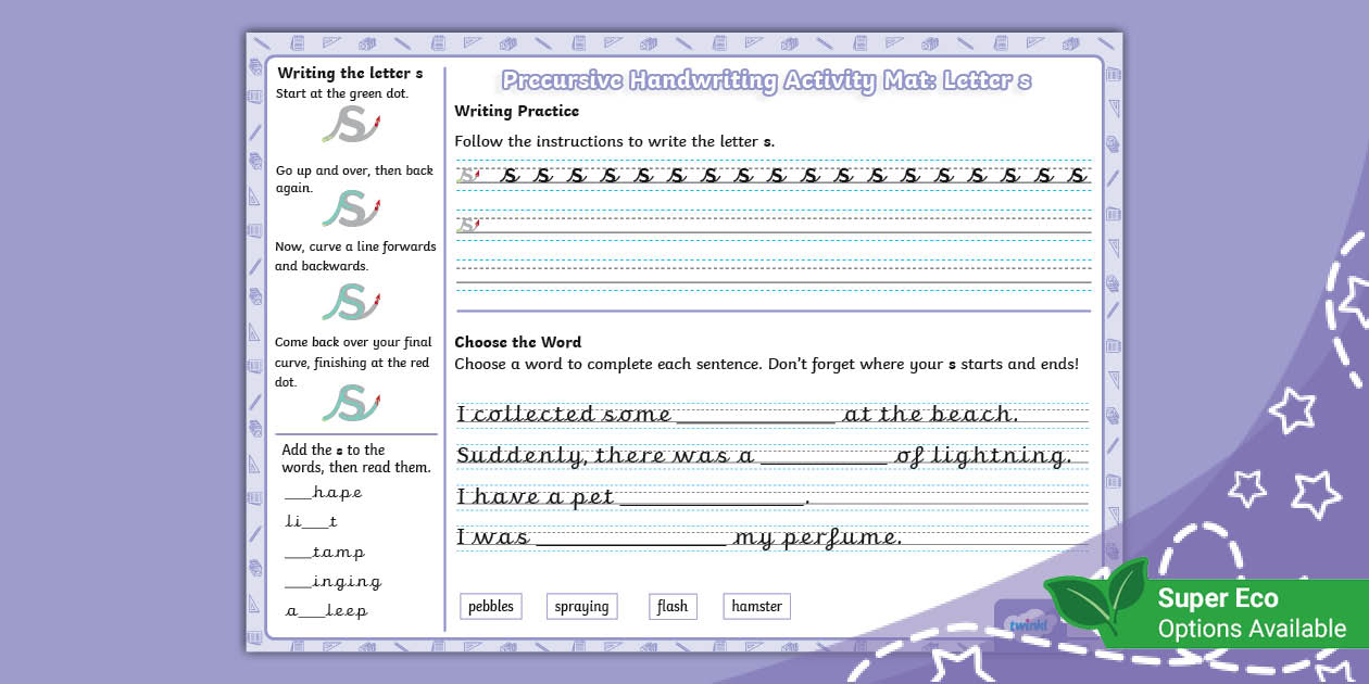 Precursive Handwriting Activity Mat: Letter s (teacher made)
