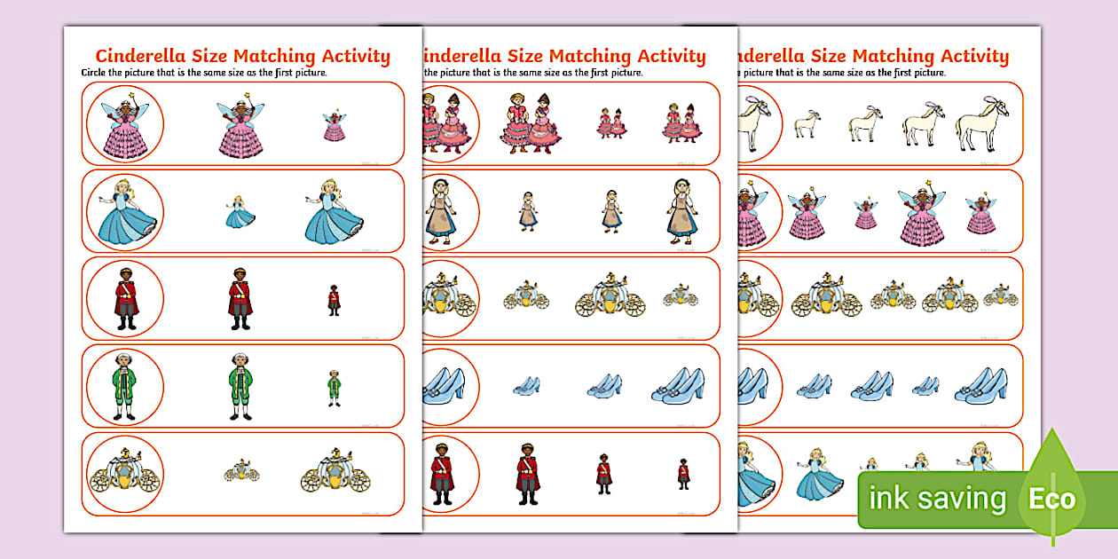 Higher Ability Cinderella Size Matching Worksheets - Twinkl
