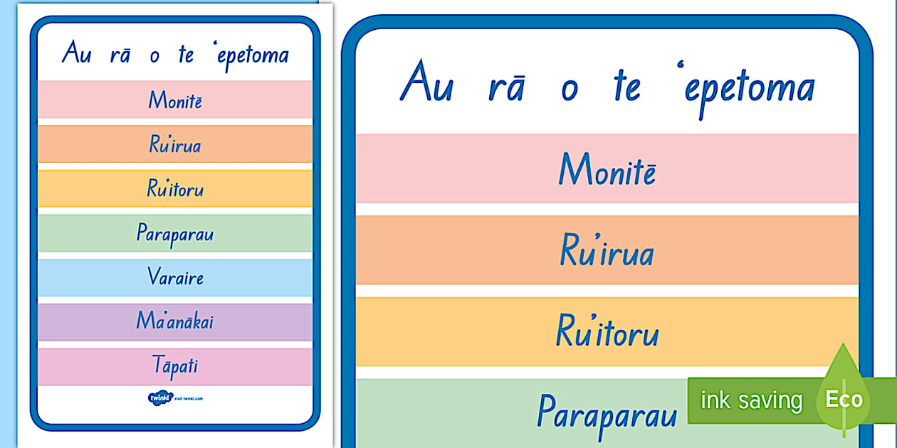 Cook Islands Language Days of the Week Display Poster