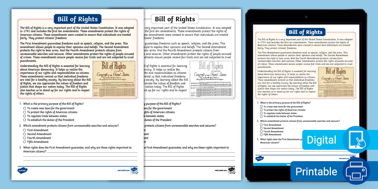 Fifth Grade Bill of Rights Reading Comprehension Activity