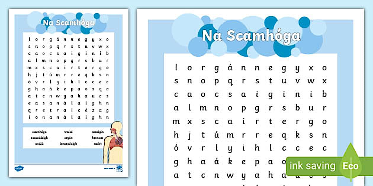 Breathing and the Lungs Word Search Gaeilge 3rd and 4th Classes