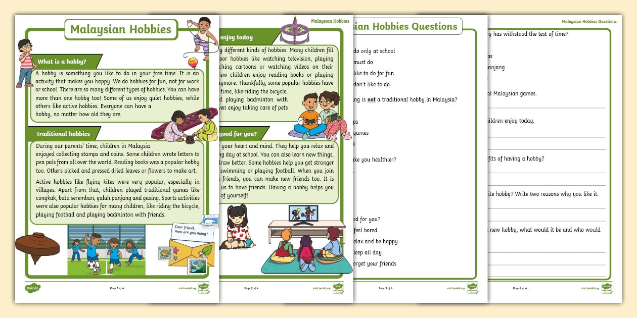 Malaysian Hobbies Reading Comprehension (teacher made)