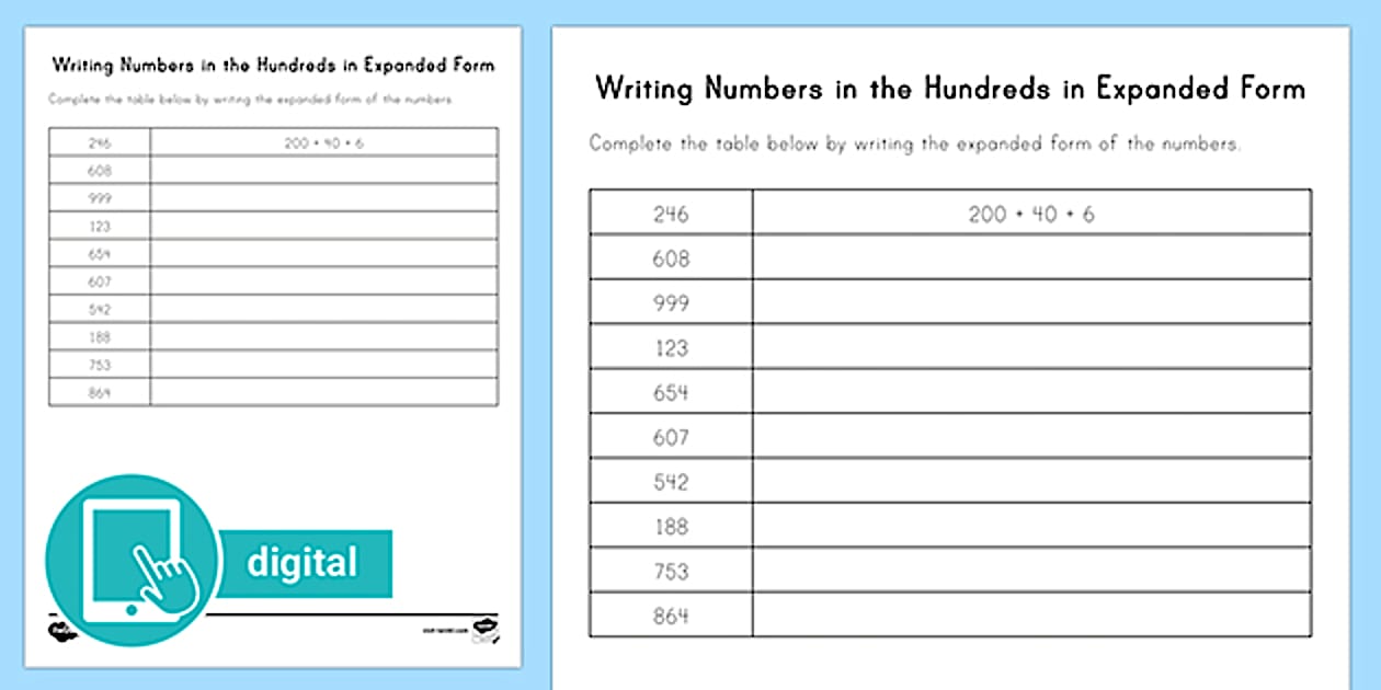 Writing Numbers in the Hundreds in Expanded Form Worksheet