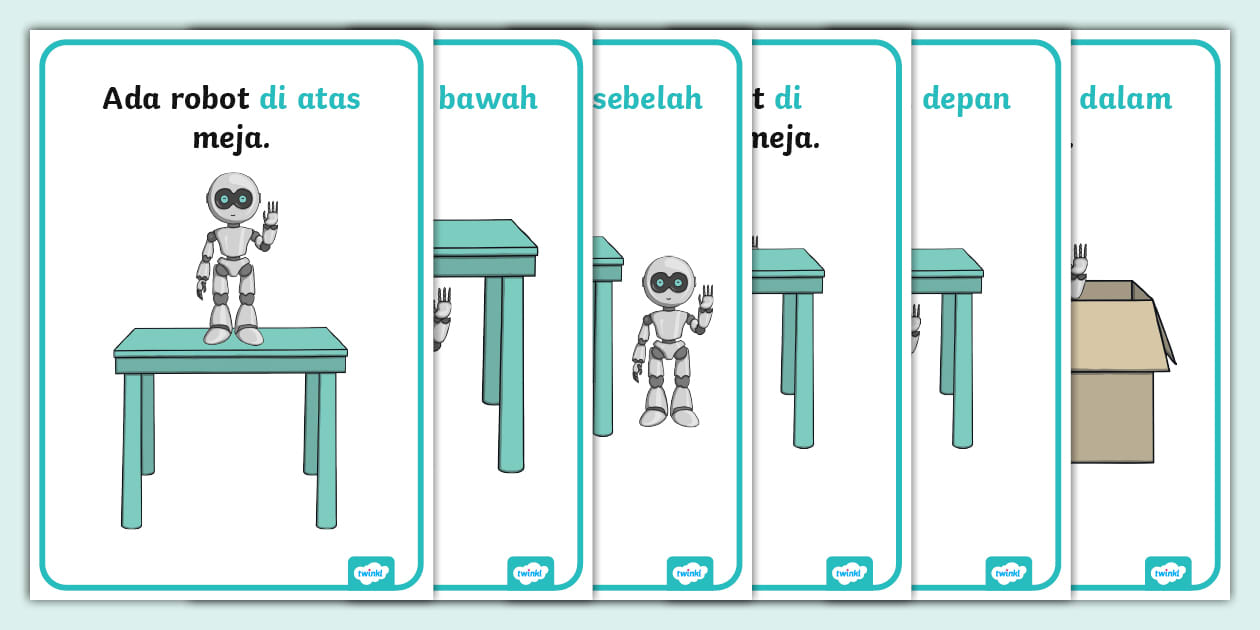 Robot-Themed Prepositions Display Posters - Indonesian