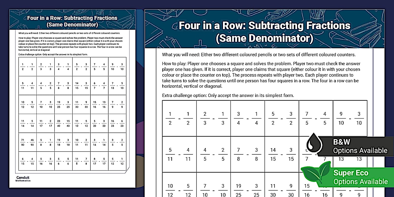 Four in a Row: Subtracting Fractions (Same Denominator)