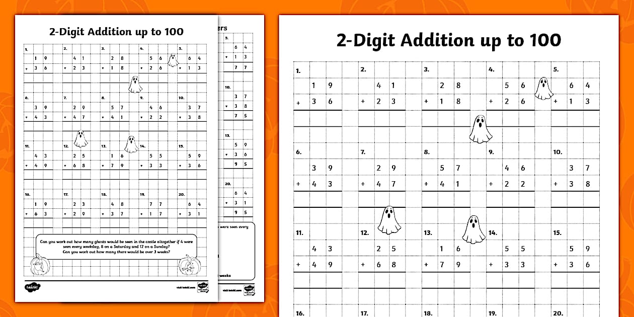 Ghost-Themed 2-Digit Addition up to 100 Activity Sheet