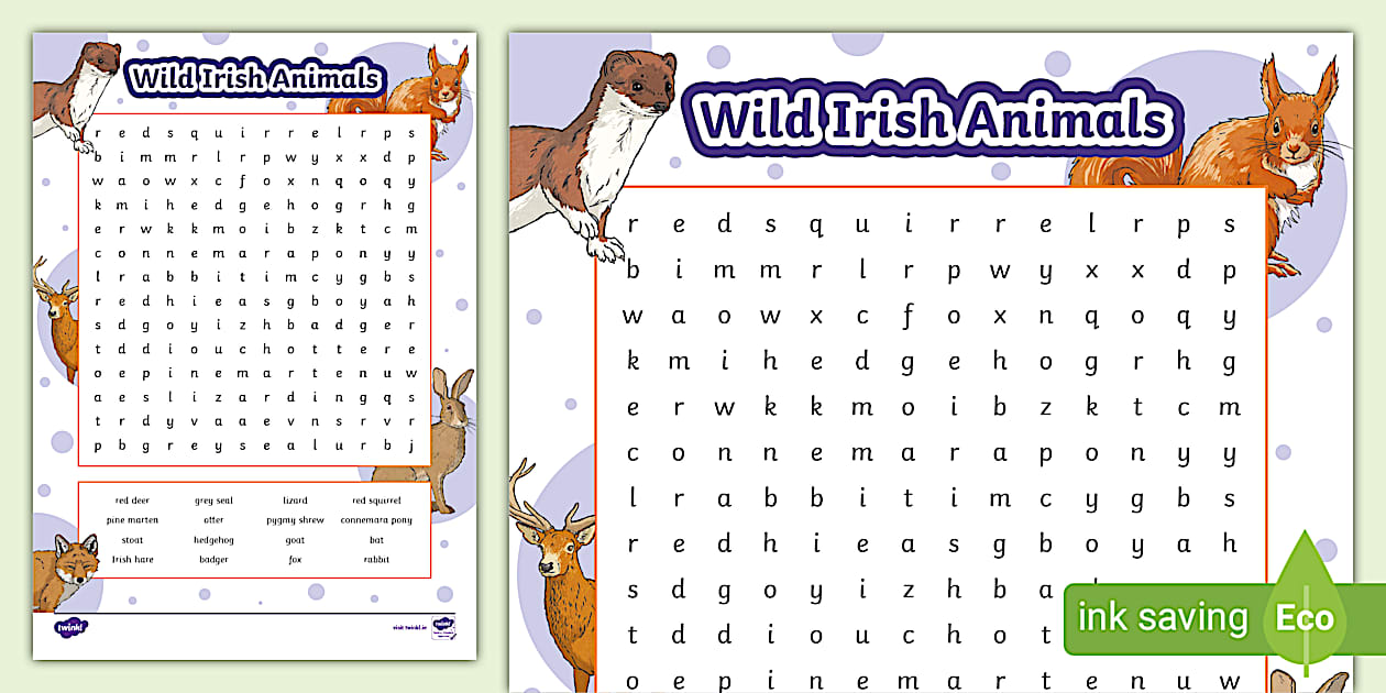 Wild Irish Animals (Word Search) (Teacher-Made) - Twinkl