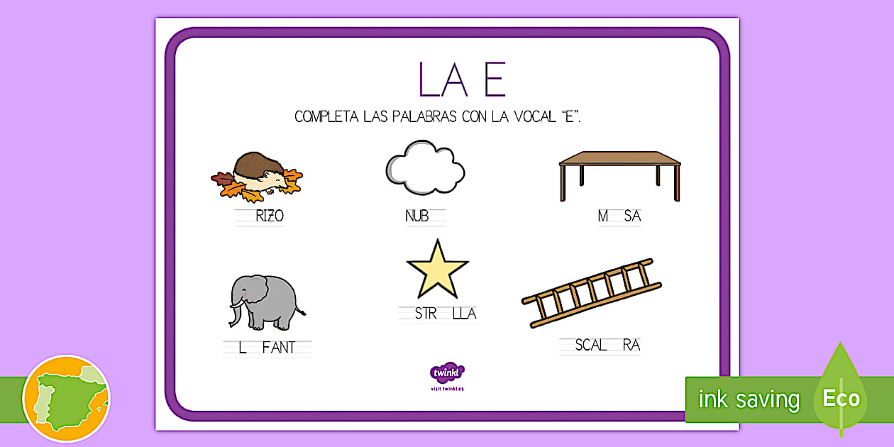 Black and White Ficha de lecto: Las vocales - La E - Twinkl