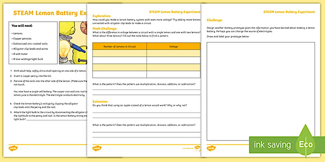 Lemon Battery STEAM Worksheet for 3rd-5th Grade - Twinkl