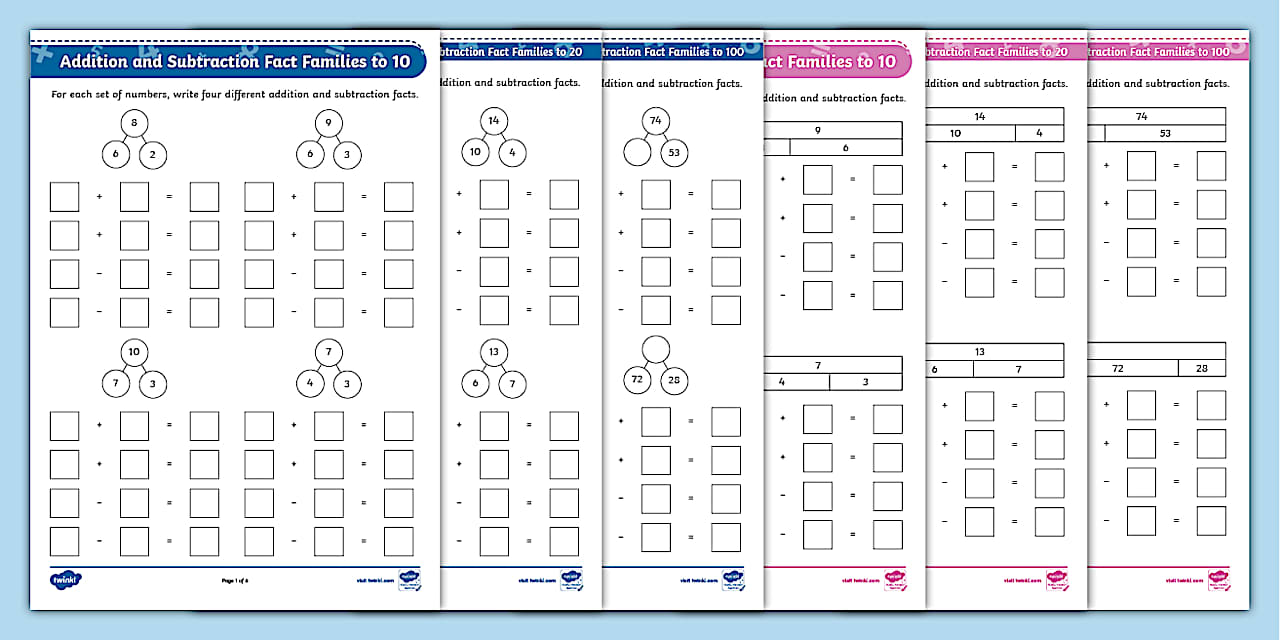 Addition and Subtraction Fact Family Part Whole Model Worksheet
