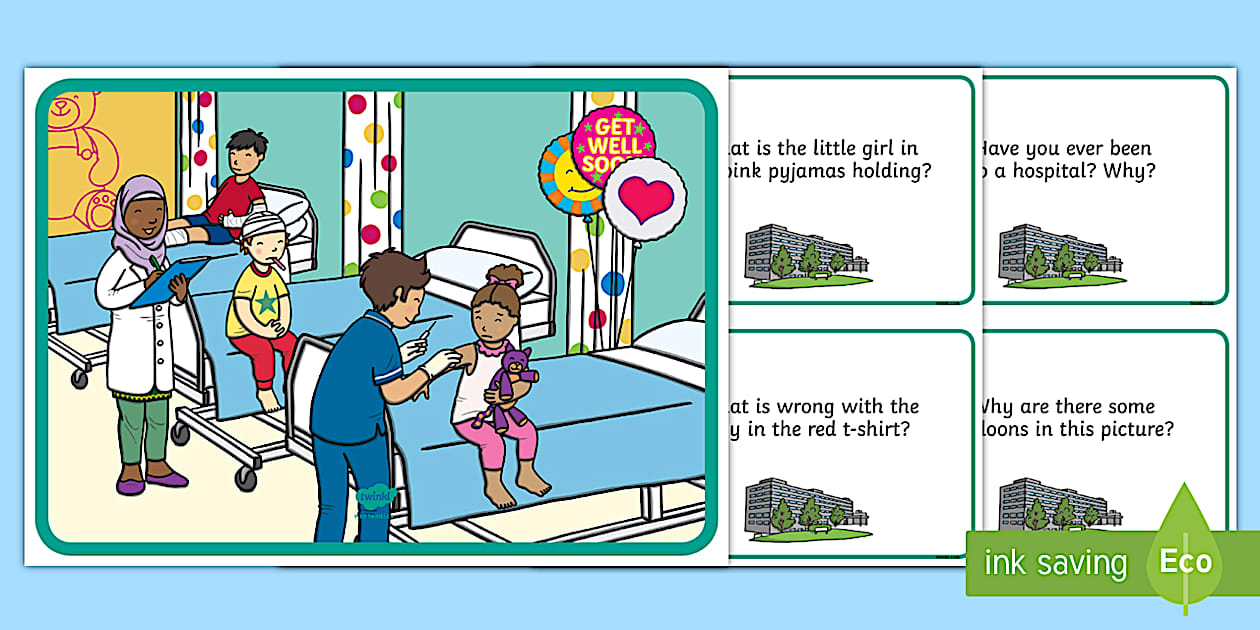 Hospital Scene and Question Cards (teacher made) - Twinkl