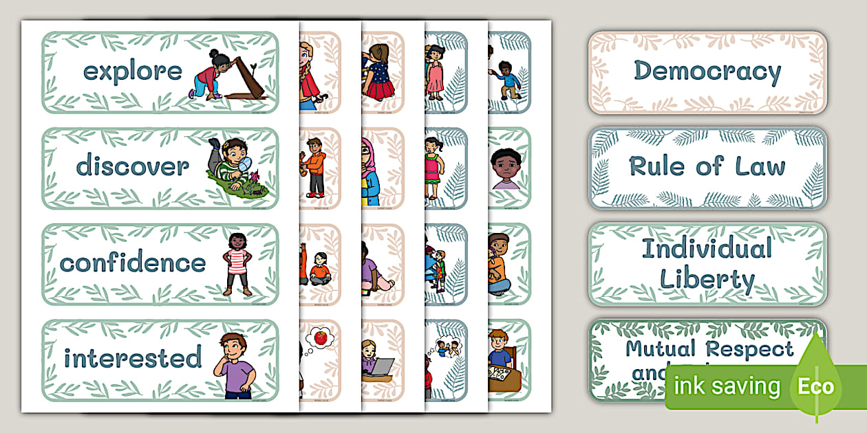 Editable EYFS British Values Botanical-Themed Word Cards