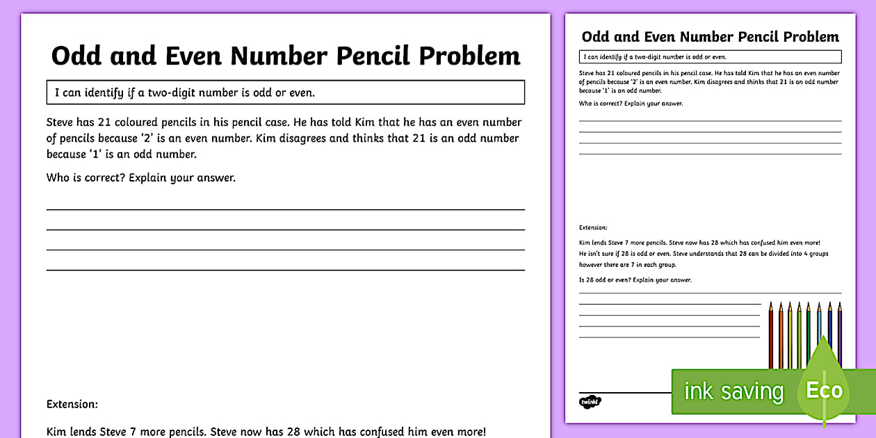 Odd and Even Number Pencil Problem Worksheet / Worksheet