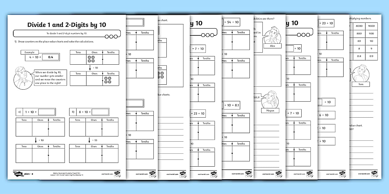 👉 Divide 1 and 2-digits by 10 maths activity sheets