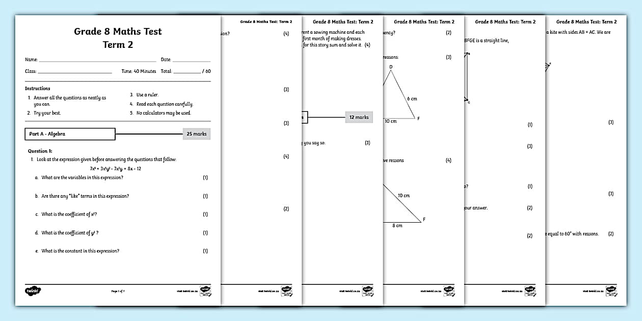 Grade 8 Maths Test Term 2 | Senior Phase | Twinkl ZA