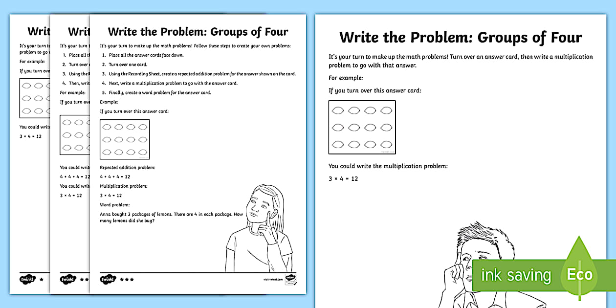 Write the Multiplication Problem: Groups of Four Worksheet
