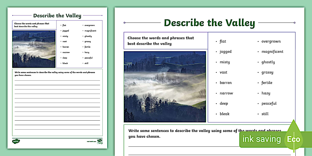 Describe the Valley Worksheet (teacher made) - Twinkl