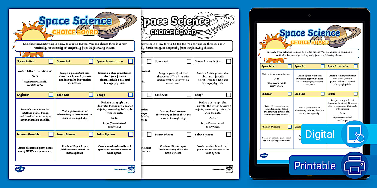 Space Science Choice Board for 6th-8th Grade (teacher made)
