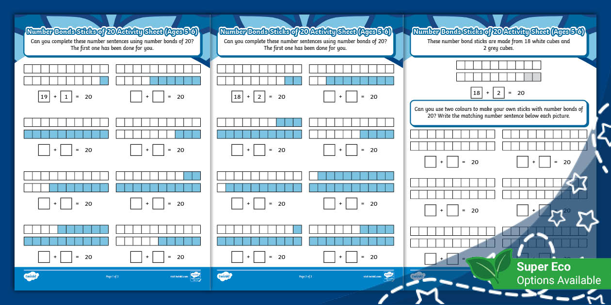 👉 Number Bond Sticks to 20 Activity Sheets (Ages 5 - 6)