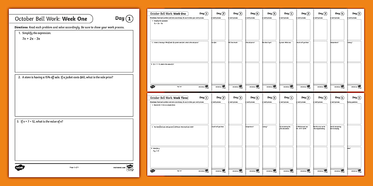 Seventh Grade Math October Bell Work Bundle (teacher made)