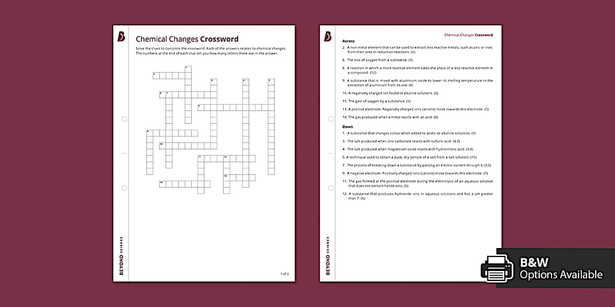 Chemical Change Crossword (Combined) (Teacher-Made) - Twinkl