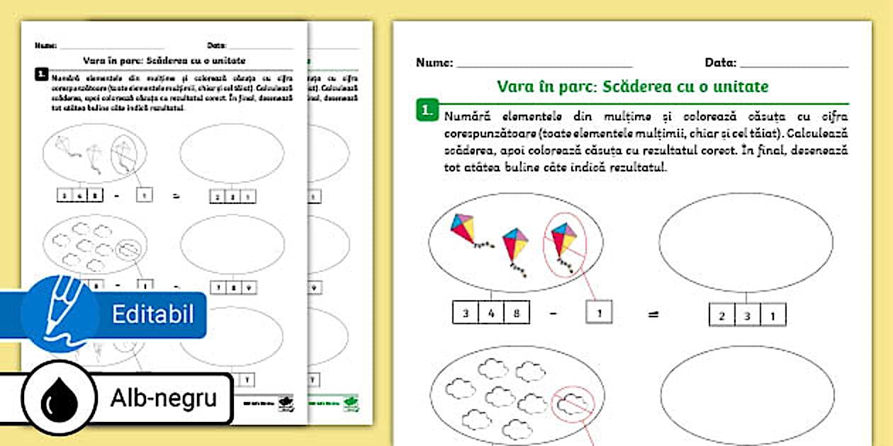 Vara în parc: Scăderea cu o unitate – Fișă de activitate