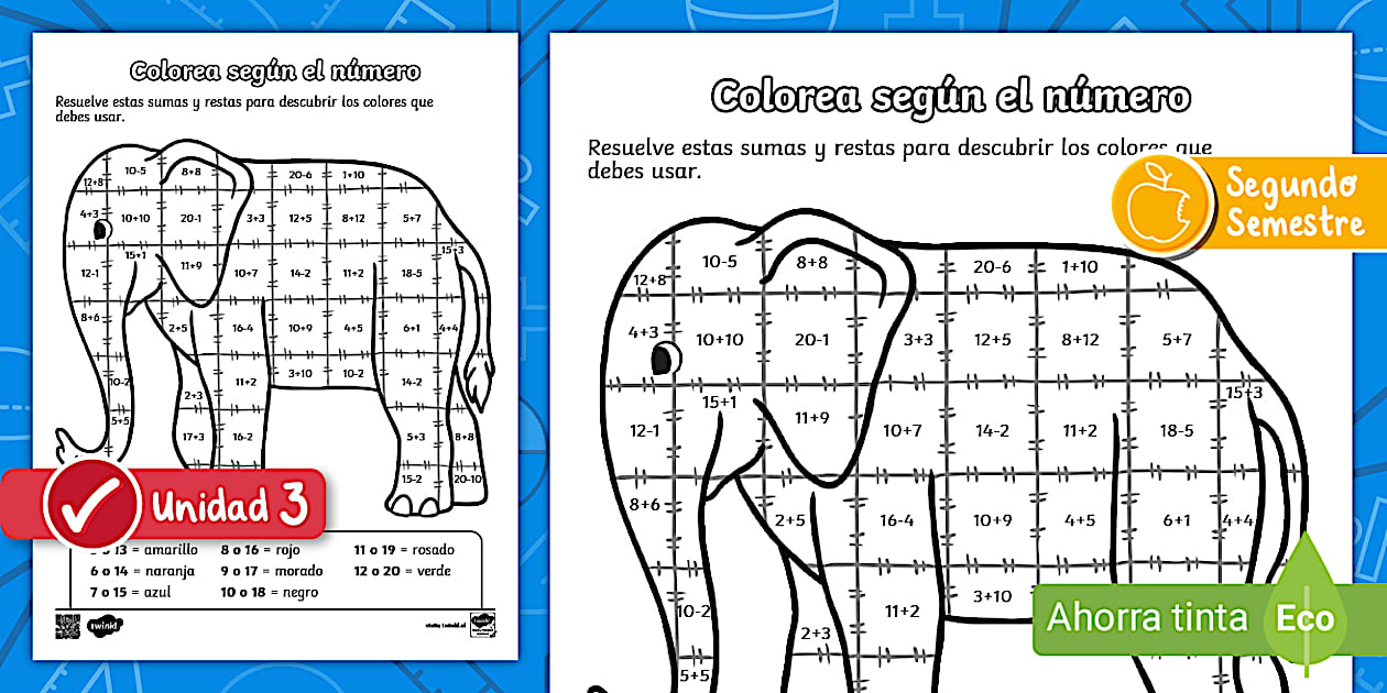 Hoja de Trabajo: Colorea con Sumas y Restas numeros hasta 20