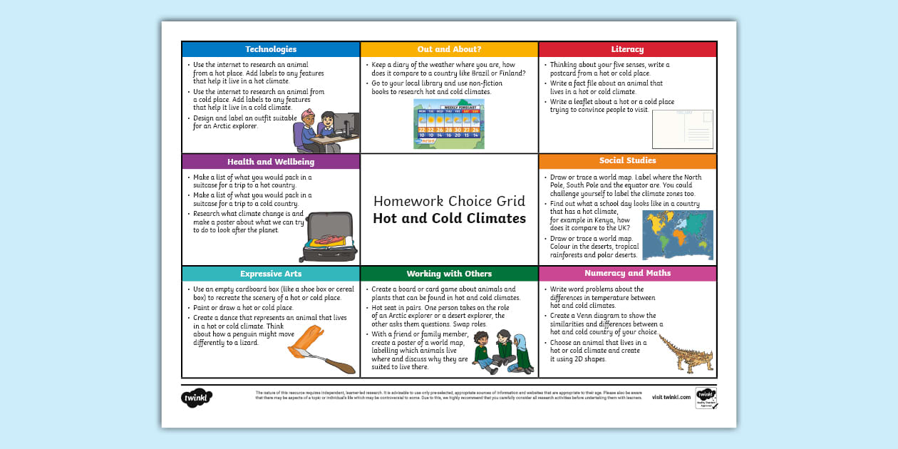 Hot and Cold Climates Homework Grid (teacher made) - Twinkl