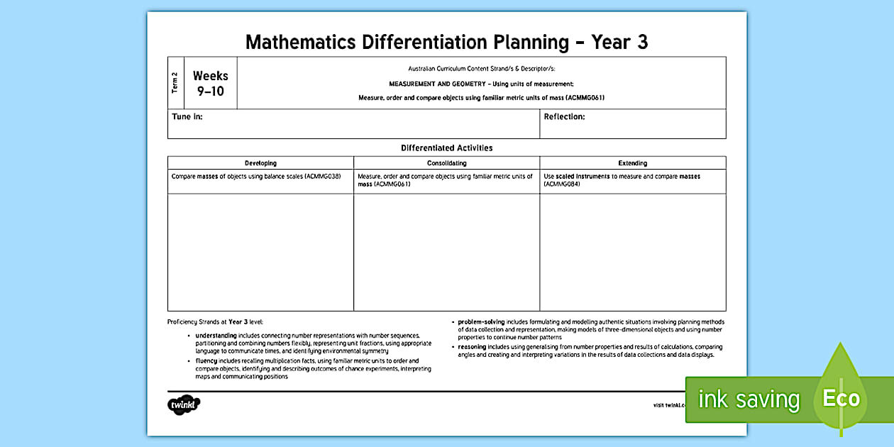 Year 3 Mass Mathematics Differentiated Plan (teacher made)