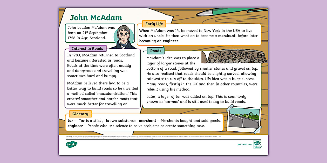 KS1 John McAdam Fact File (teacher made) - Twinkl