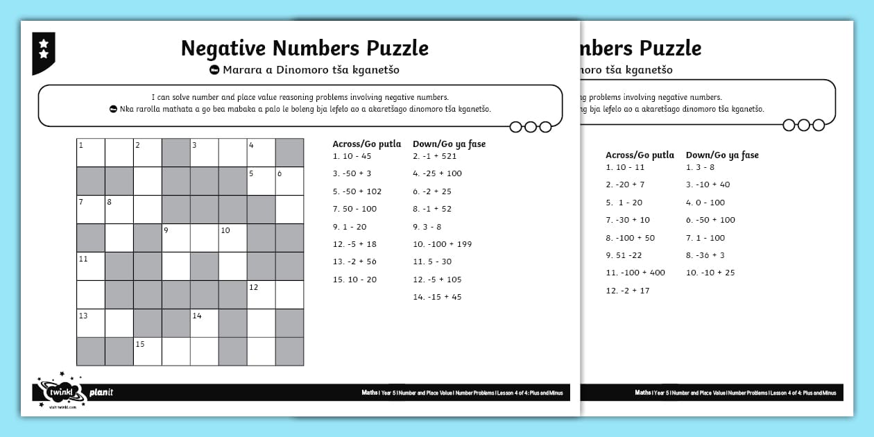 Negative Number Puzzle Worksheet – Sepedi (teacher made)