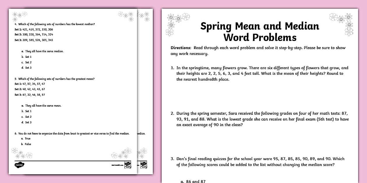 Seventh Grade Spring Theme Mean and Median Word Problems