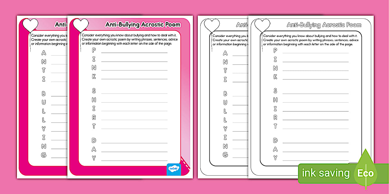 Pink Shirt Day Anti-Bullying Acrostic Poem Writing Activity