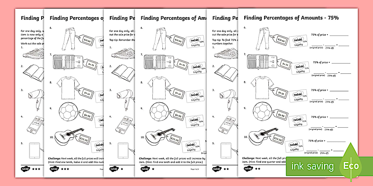 Finding Percentages Of Amounts Differentiated Worksheets