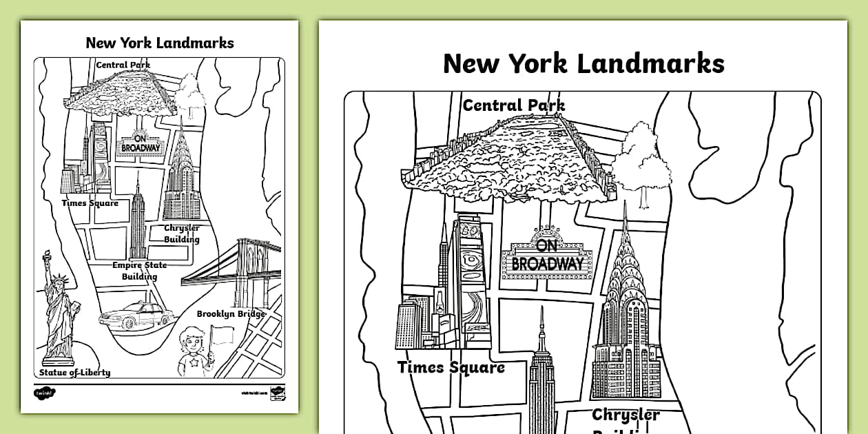 New York Landmarks Map Colouring - KS1 - Twinkl