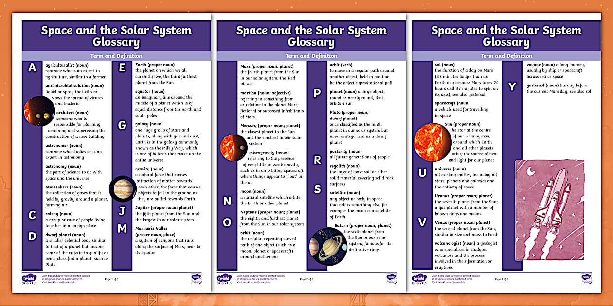 Space and the Solar System Vocabulary Glossary - Twinkl