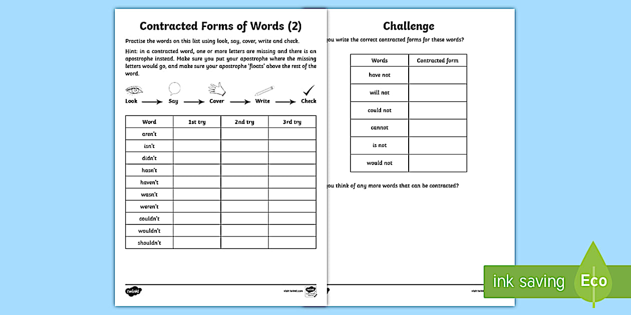 Spelling Activity Sheet: Contacted Forms of Words - Twinkl