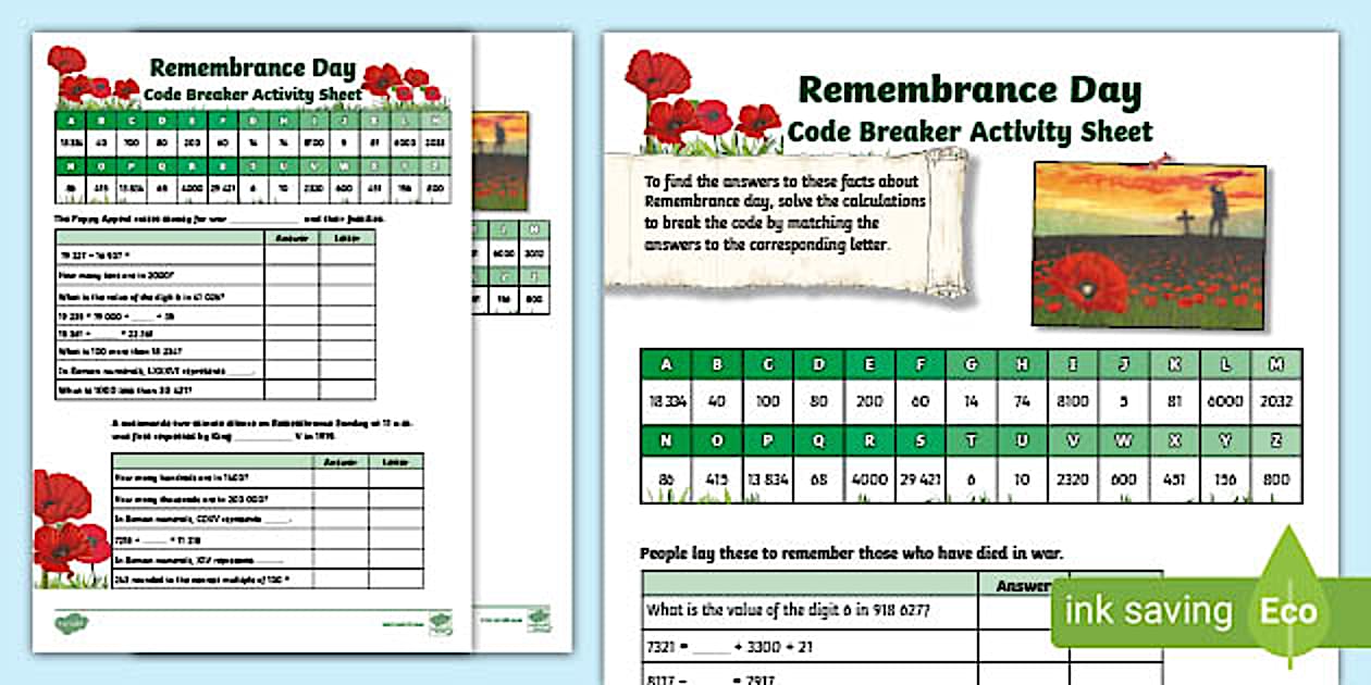 👉 Y5 Remembrance Day Code Breaker Activity Sheet - Twinkl