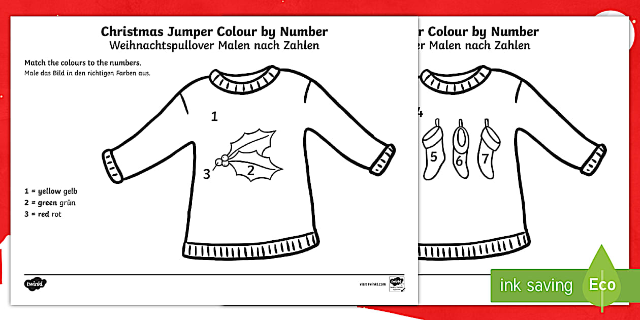 Christmas Jumper Colour by Number English/German - Twinkl
