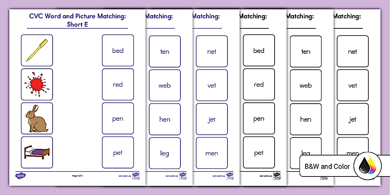 CVC Word and Picture Matching Worksheet: Short E - Twinkl