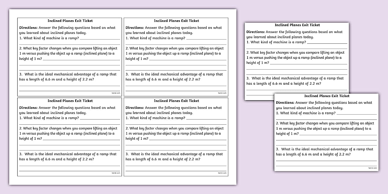 Sixth Grade Inclined Planes Science Exit Ticket - Twinkl