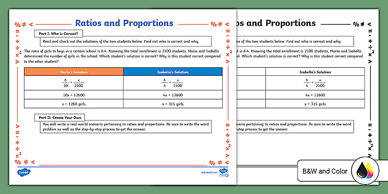 Seventh Grade Who Is Correct Ratios and Proportions Activity
