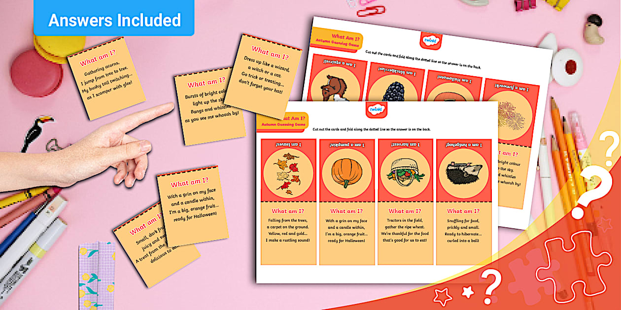 Fun Autumn What Am I? Guessing Game Puzzle Cards - Twinkl