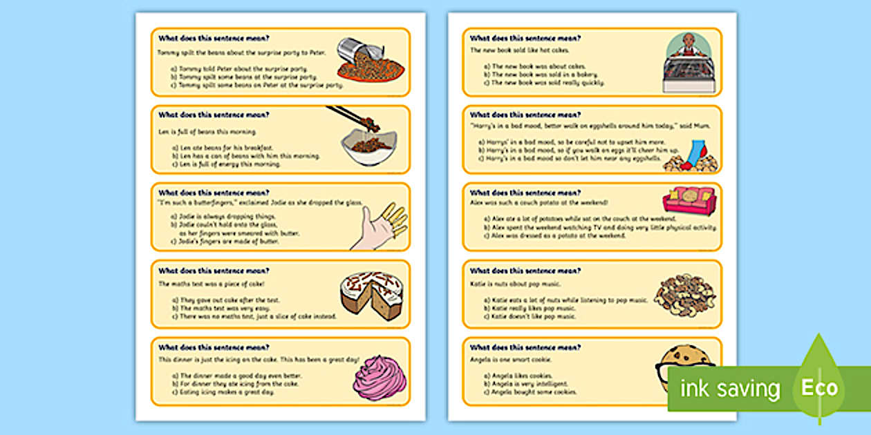 Food Idioms Sentences Multiple Choice Cards (teacher made)