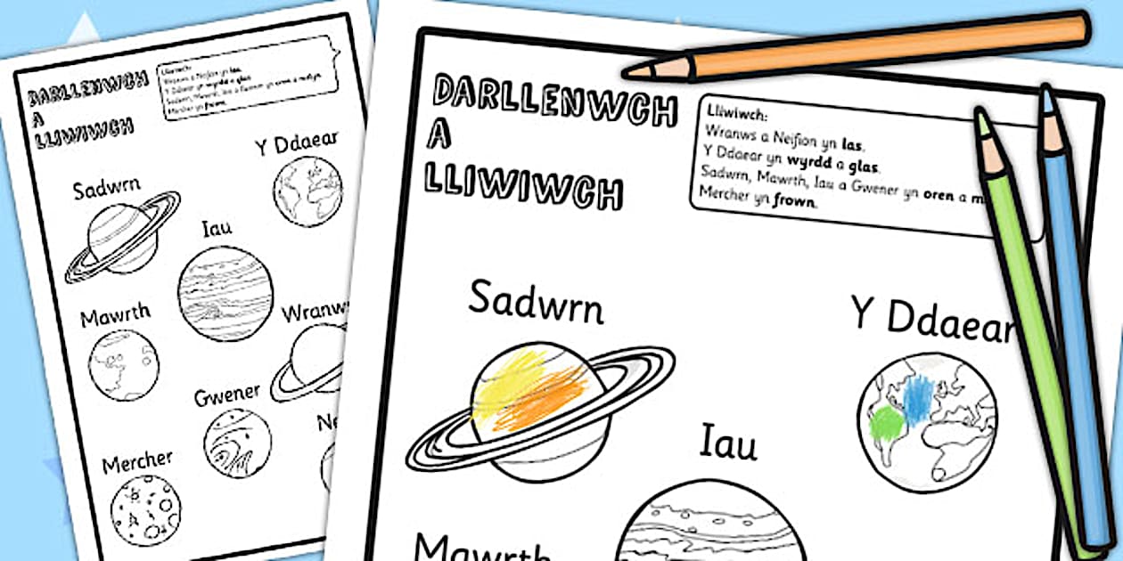 Planet Read And Colour Worksheet Welsh Translation - Twinkl