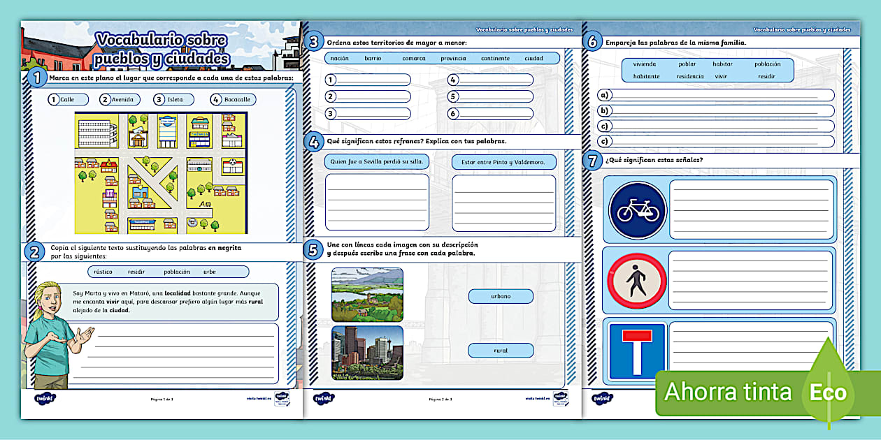 Ficha de actividad: Vocabulario sobre pueblos y ciudades - Ampliación