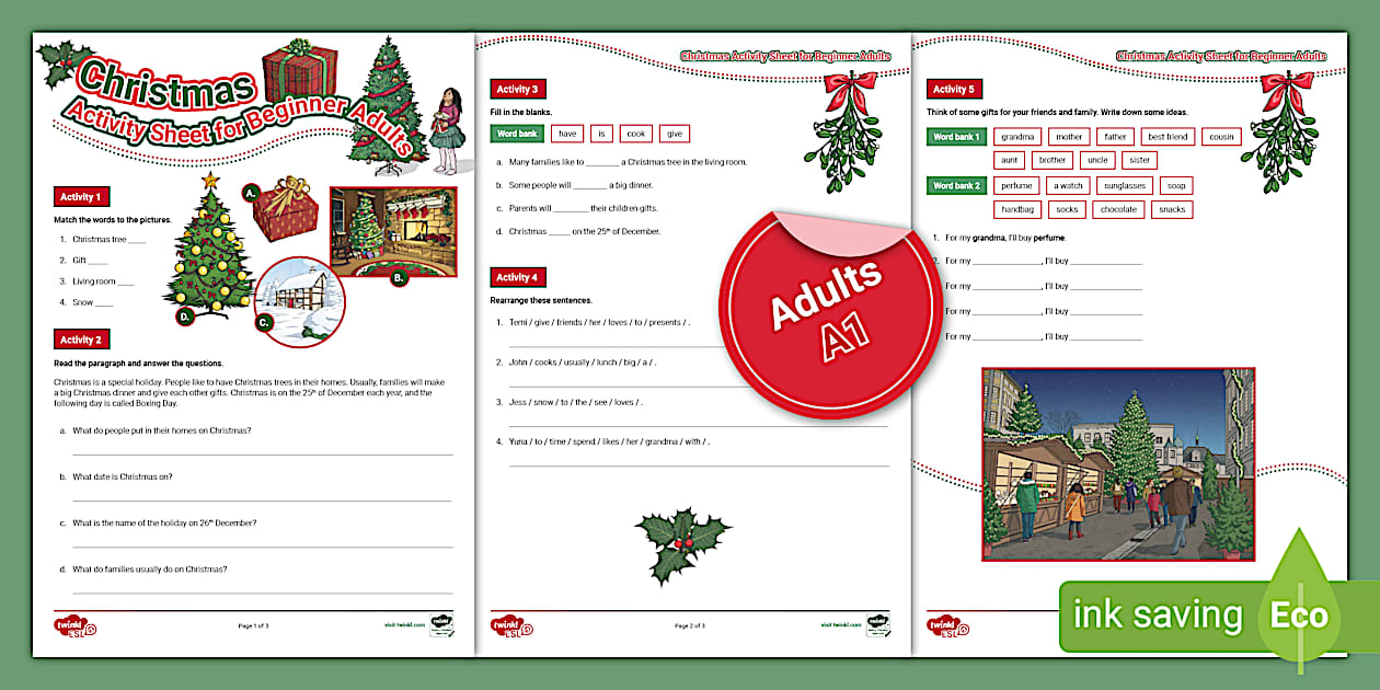 ESL Christmas: Activity Sheet for Beginners [Adults, A1]