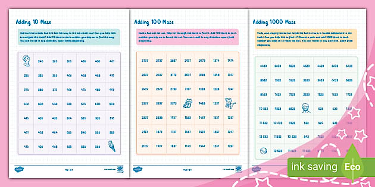 Adding 10, 100 and 1000 Mazes (Ages 8 - 9) (Teacher-Made)