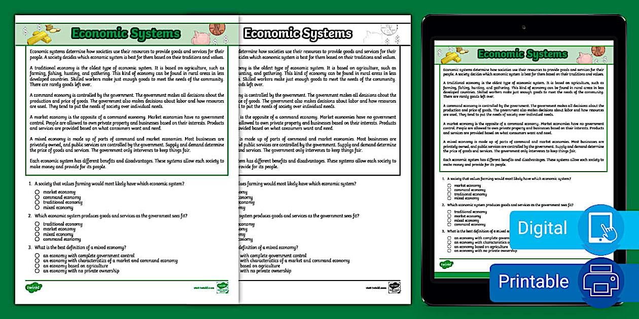 Seventh Grade Economic Systems Reading Passage Comprehension