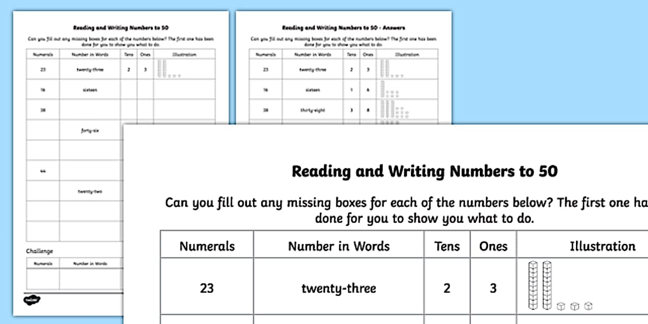 Editable Reading and Writing Numbers to 50 Worksheet
